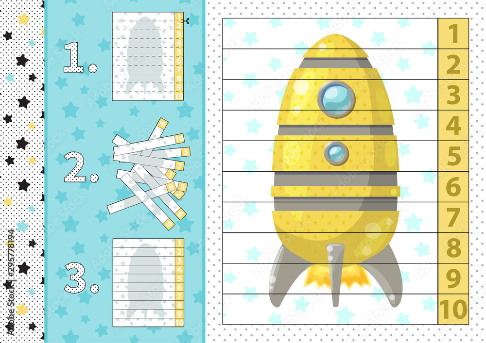 Counting number puzzle with cartoon rocket. From 1 to 10. Cut and ...