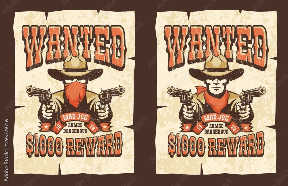 Wanted cowboy poster with bandit - retro print style. Worn grunge ...