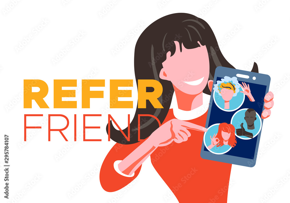 Refer a friend referral program concept. Woman manager holding ...