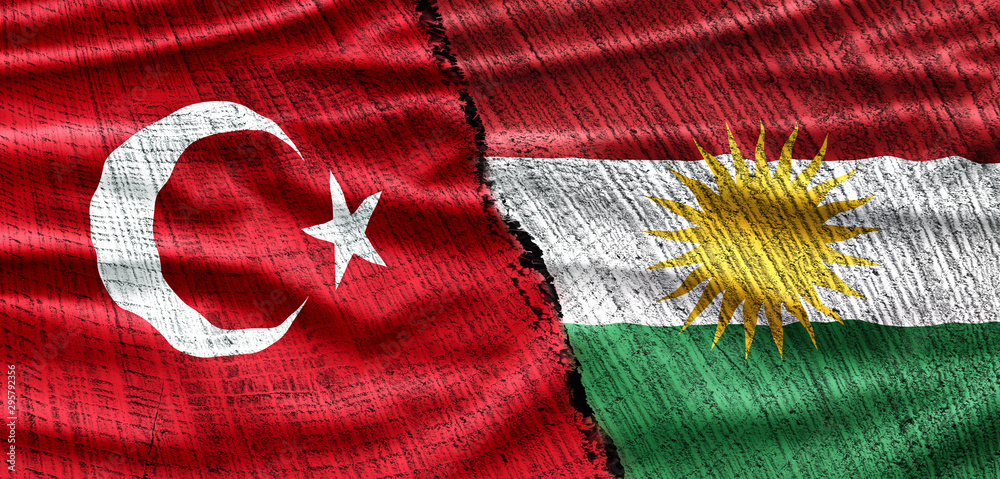 Political relationships. Turkish and Kurdish Flag divided diagonally ...