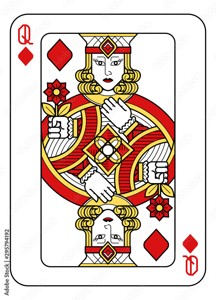 A playing card Queen of Diamonds in red, yellow and black from a new ...
