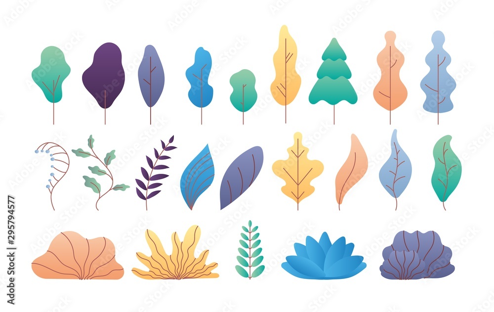 Flat minimal leaves. Simple deciduous and coniferous trees, branches ...