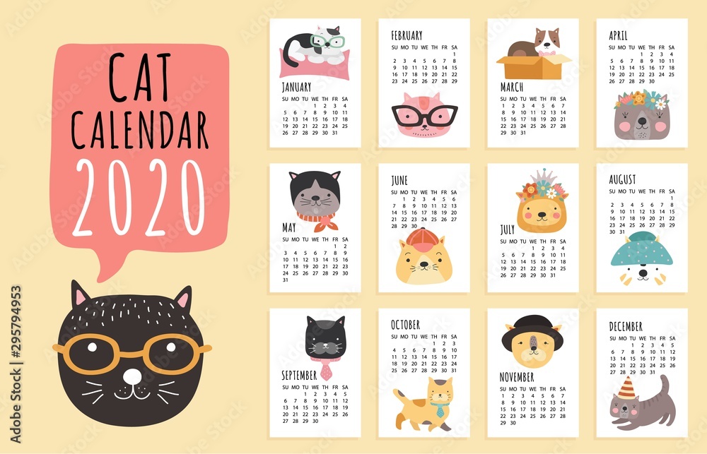 Cat calendar. 2020 monthly planner with cute cartoon cats. Funny ...