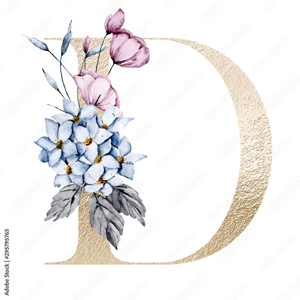 Letter d with watercolor flowers and leaves. Gold floral alphabet ...
