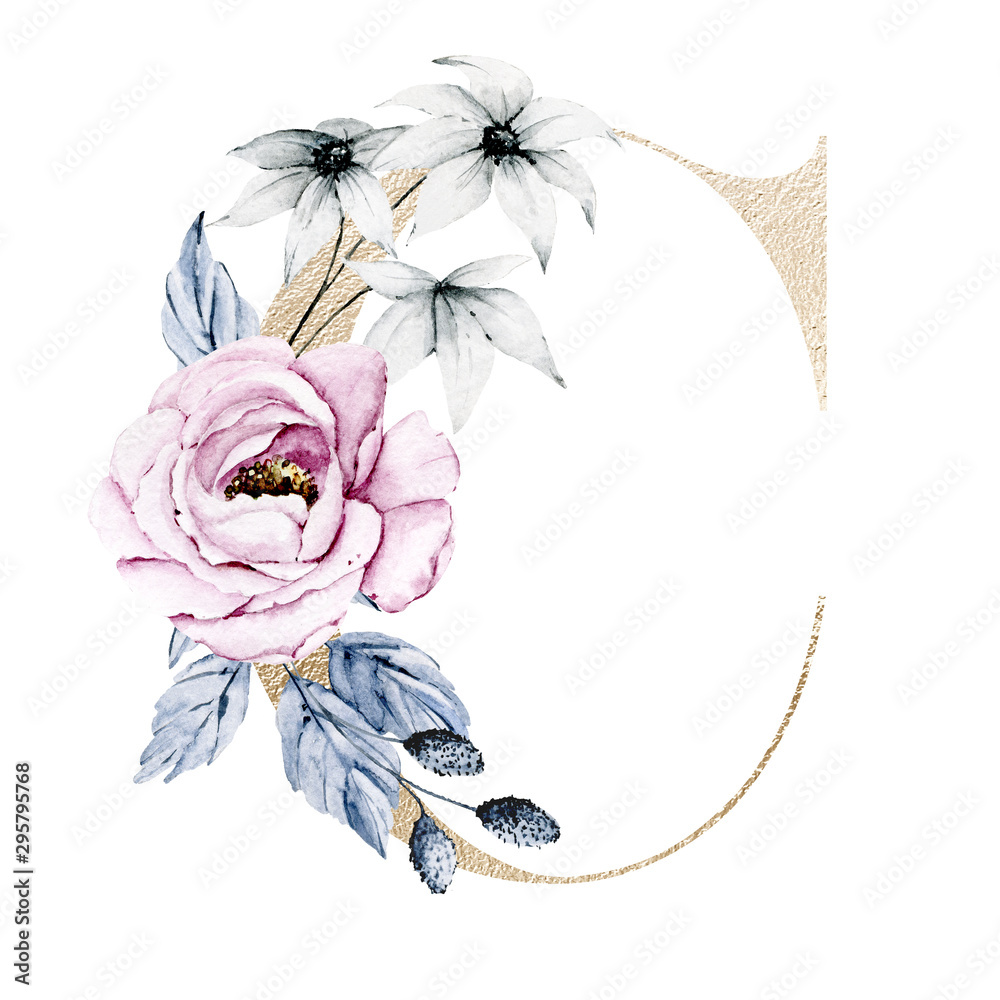 Letter c with watercolor flowers and leaves. Gold floral alphabet ...