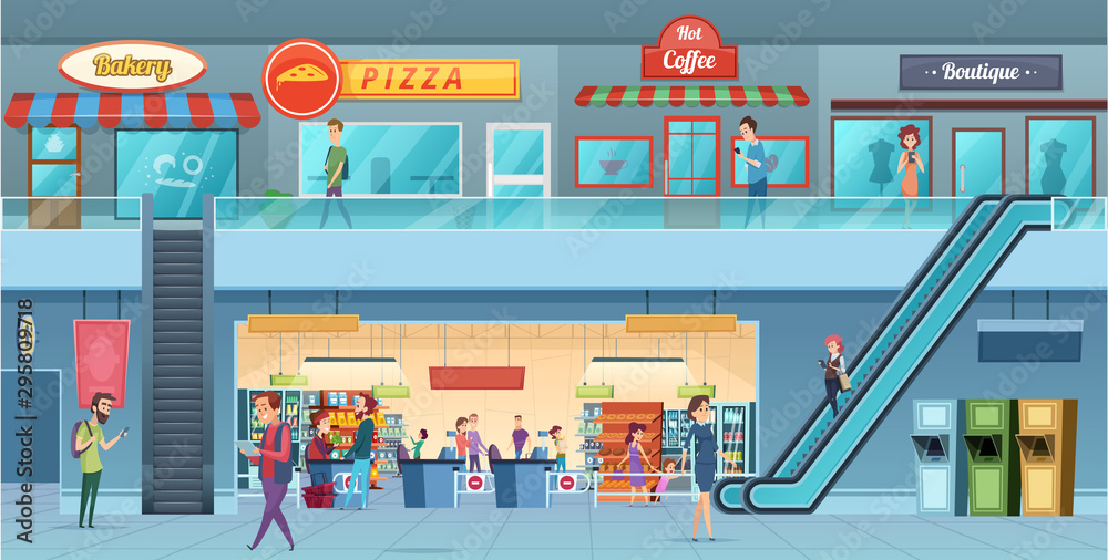 Mall interior. Retailers hypermarket commercial shopping big hall ...