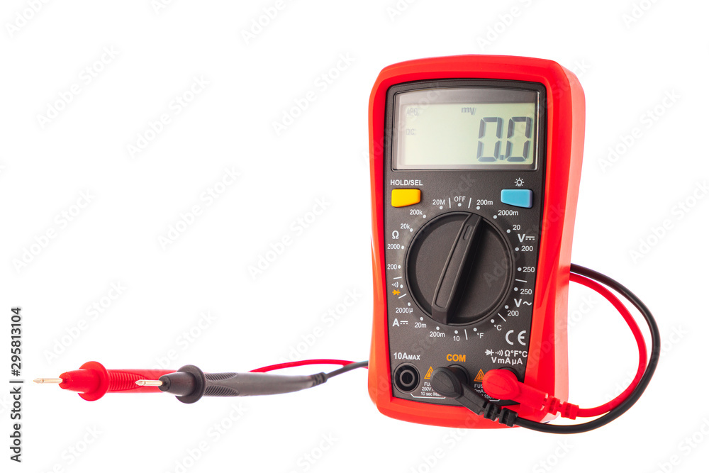 Multimeter to check electricity voltage isolated on white background ...