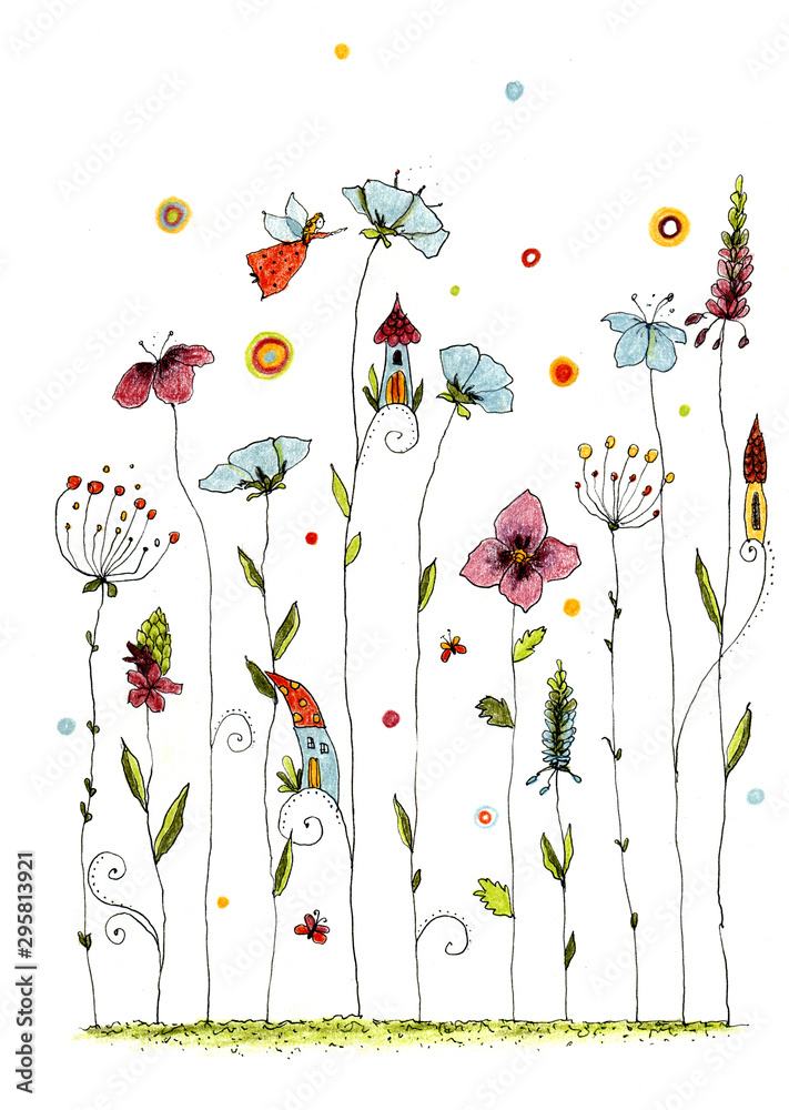 Magical garden with flowers, fairies and houses. Hand drawn colored ...