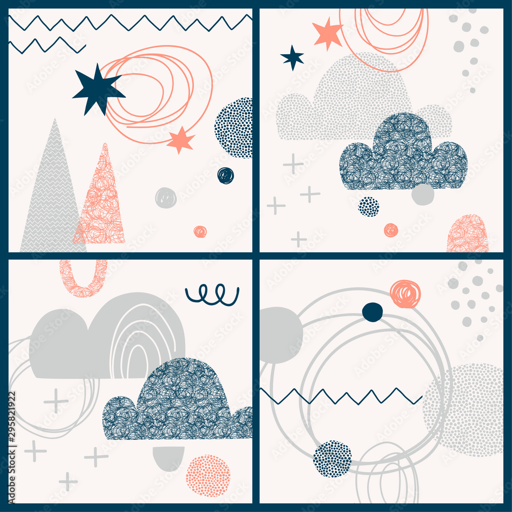 Abstract sky flat vector illustrations set. Clouds and stars doodles ...