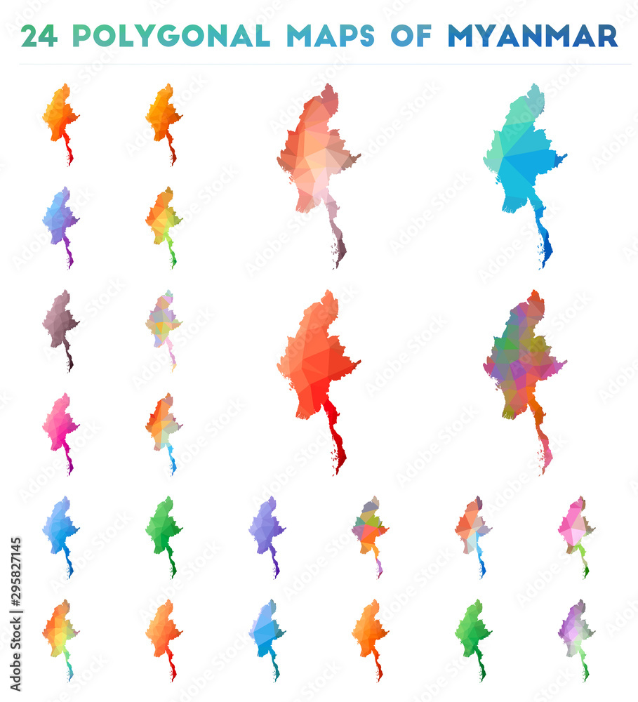 Set of vector polygonal maps of Myanmar. Bright gradient map of country ...