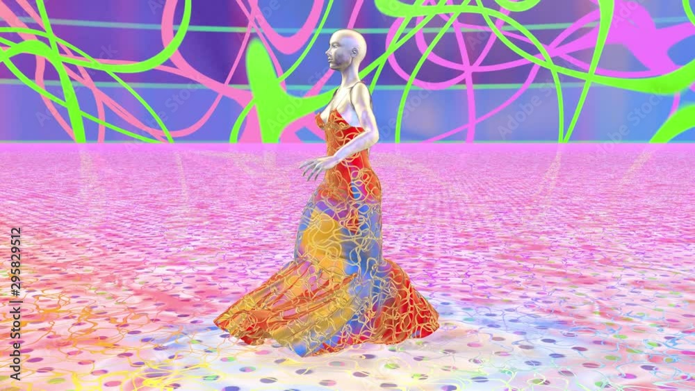 Artificial alien woman robot android in a colorful dress is walking in ...