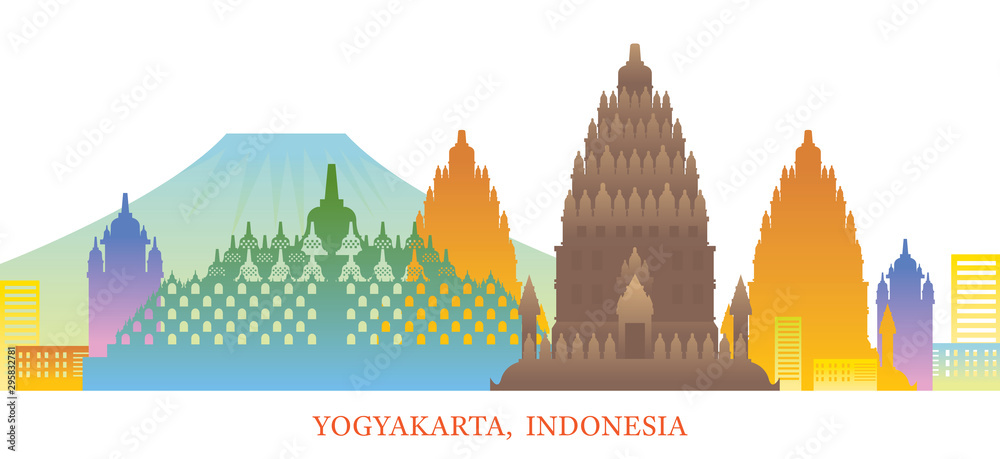 Yogyakarta, Indonesia Skyline Landmarks Colorful Silhouette Background ...