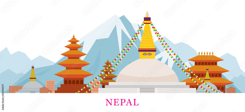 Nepal Skyline Landmarks in Flat Style Stock Vector | Adobe Stock