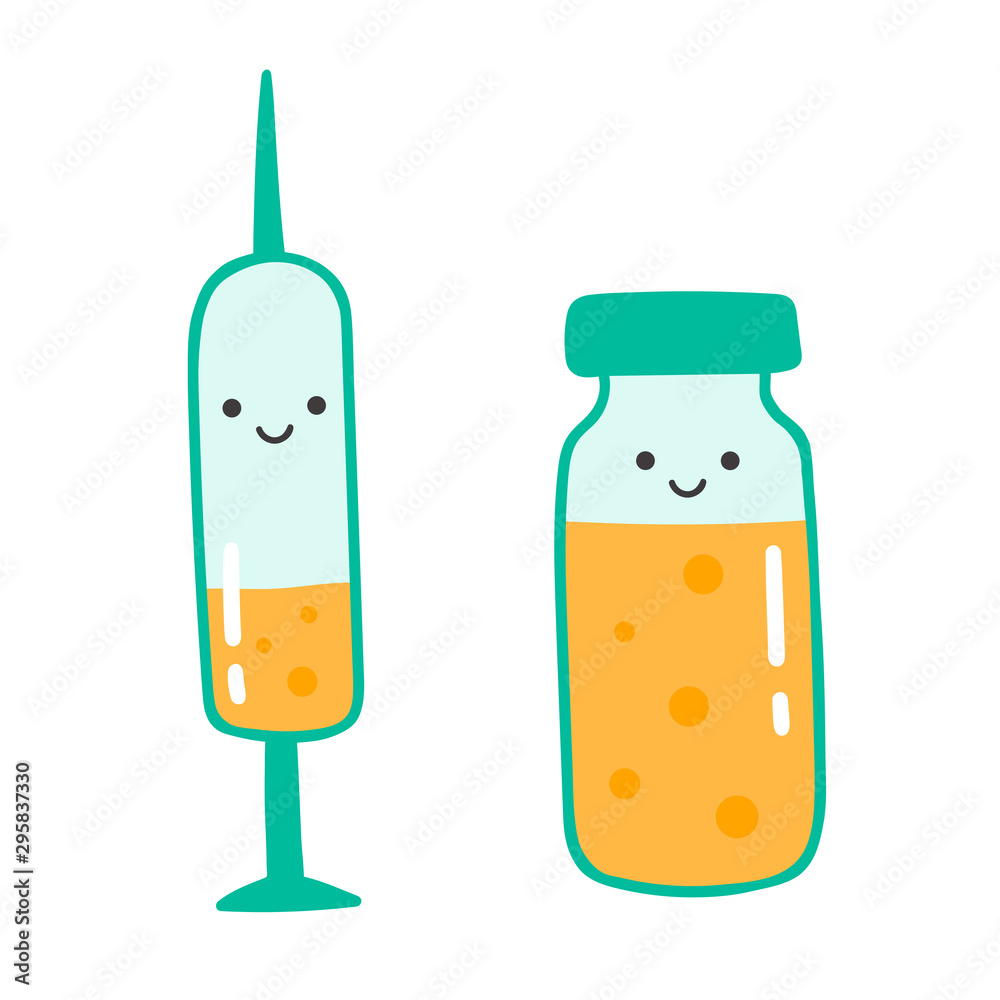 Cute kawaii vector illustration of medical vaccination. Health concept ...