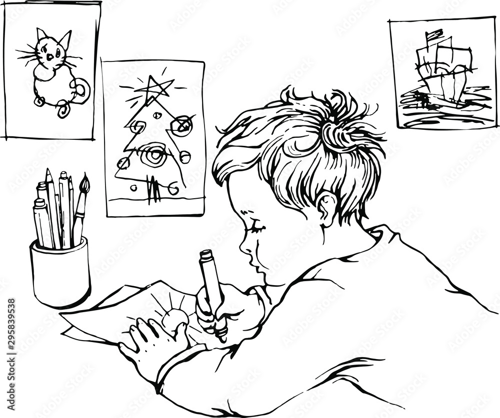Vector Set With Hand Drawn Linear Drawing Child Little Boy And Some vector-set-with-hand-drawn-linear-drawing-child-little-boy-and-some