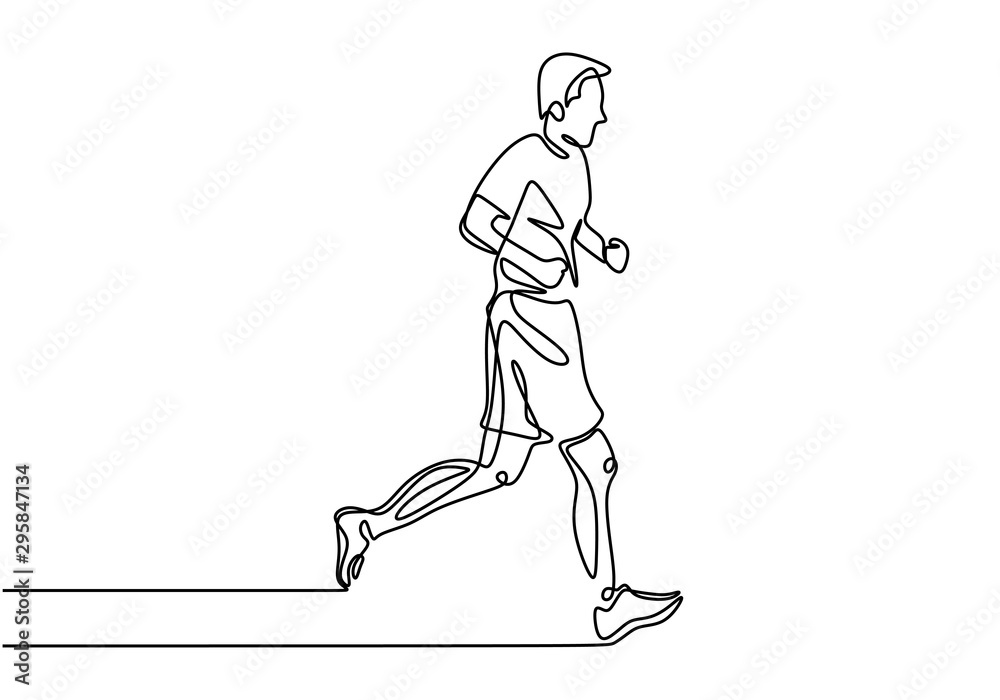 One line sport of running person. Man doing exercise activity drawing ...
