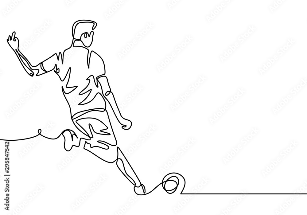 Continuous one line drawing of football player kick a ball during the ...