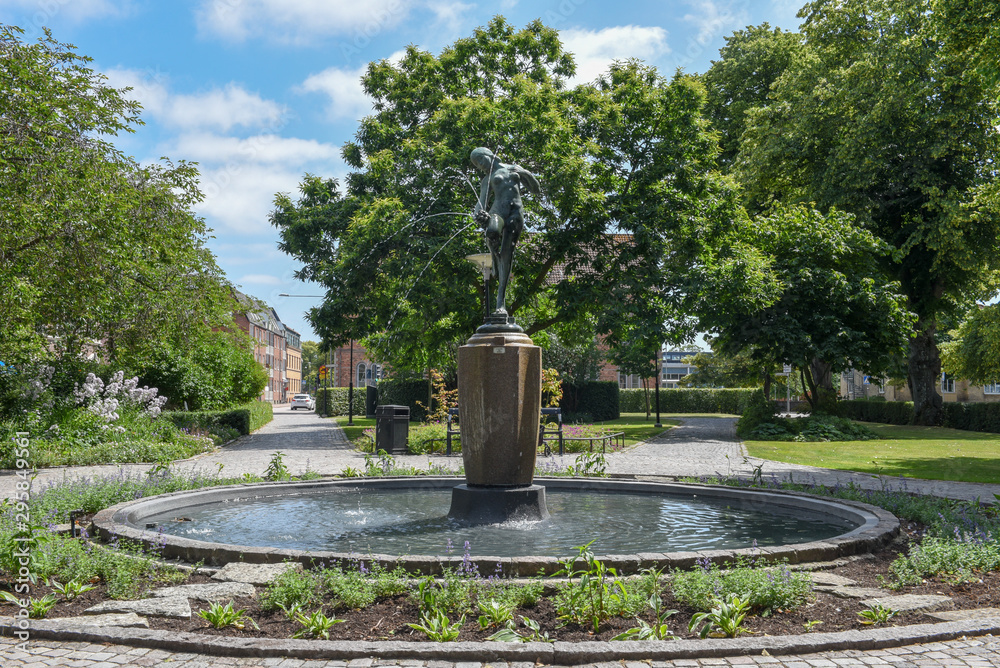 Fountain at the central square of Angelholm in Sweden Stock Photo ...