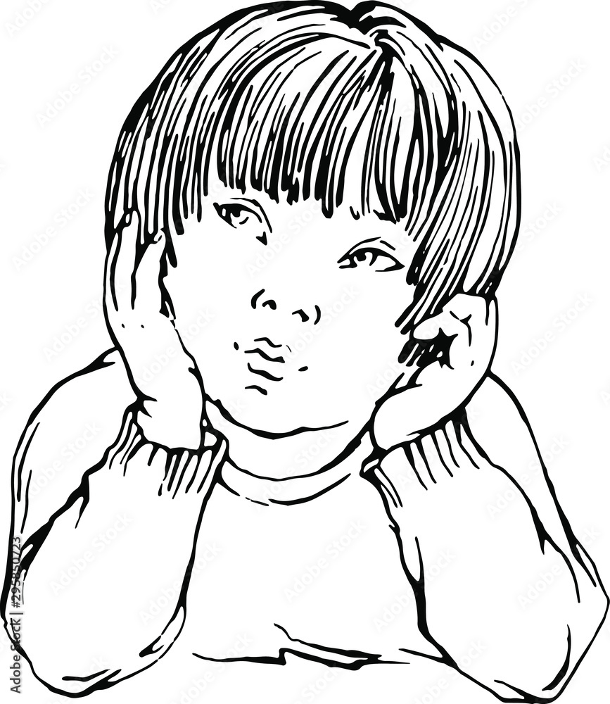 Vector hand drawn pretty thoughtful little girl sitting with his hands ...