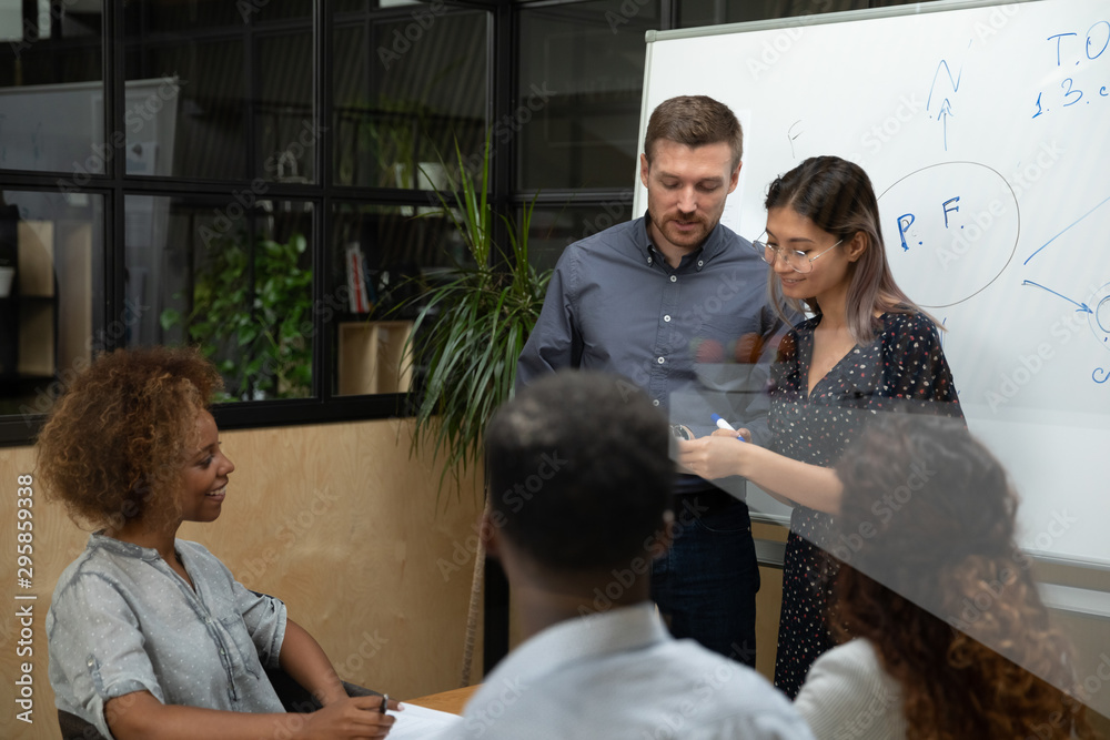 Asian european leaders standing in front of members make presentation ...