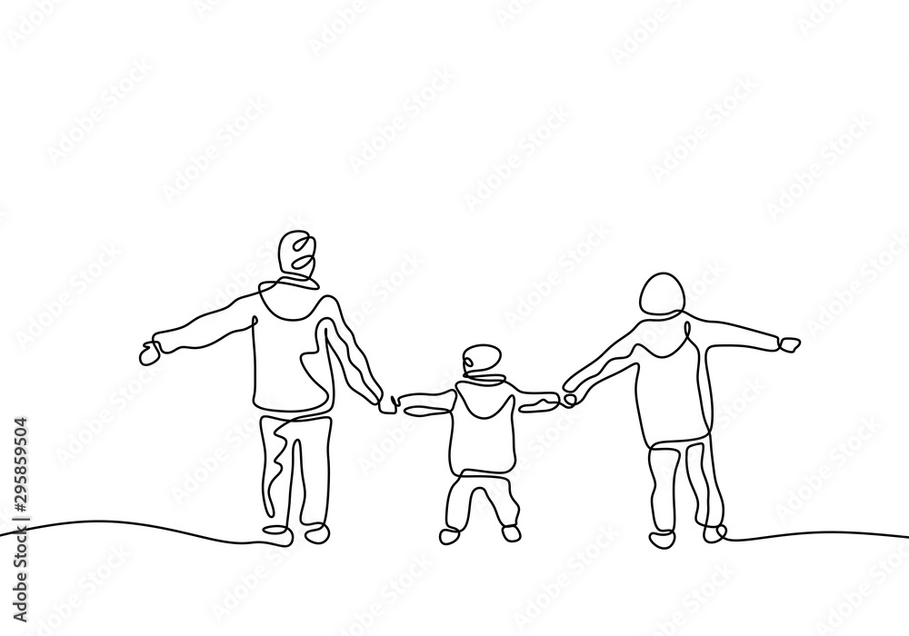 Continuous one line drawing of three kids holding hands and playing ...