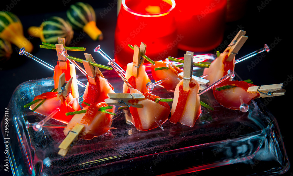 Slices of Patagonian toothfish fillet marinated in beet brandy with ...