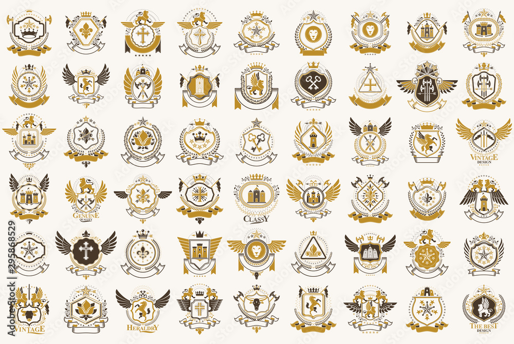 Classic style emblems big set, ancient heraldic symbols awards and ...
