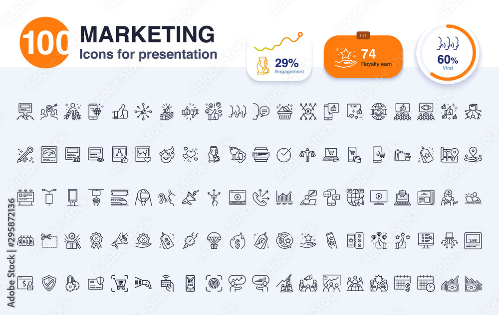 100 Marketing line icon for presentation. Included icons as social ...