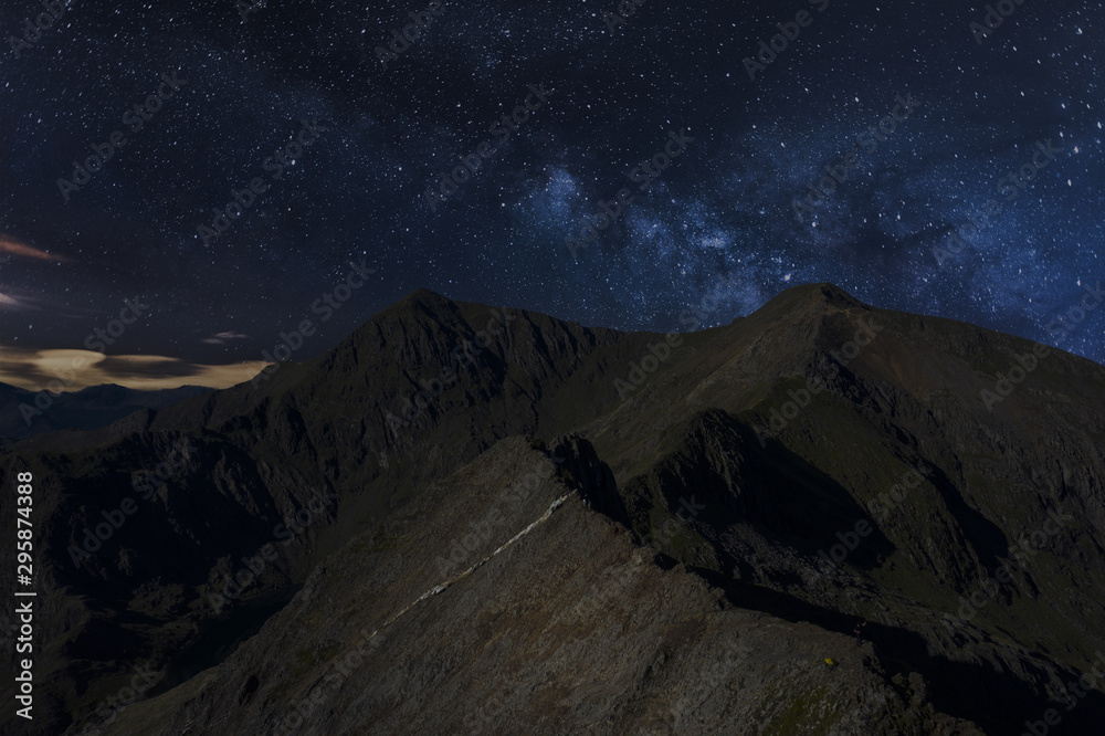 Snowdonia Crib Goch ridge and Mount Snowdon at night, Wales, UK Stock ...