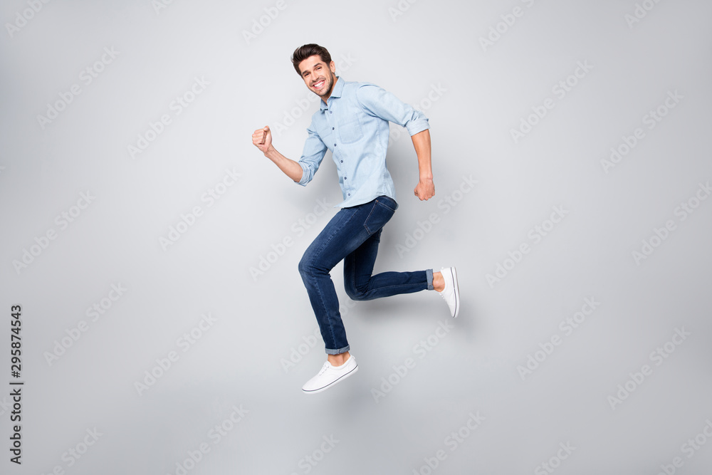Full length body size photo of cheerful nice excited ecstatic man ...