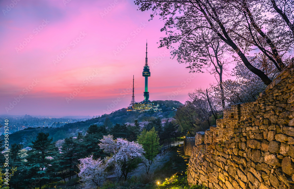 Twilight Seoul Tower in Spring at south korea Stock Photo | Adobe Stock