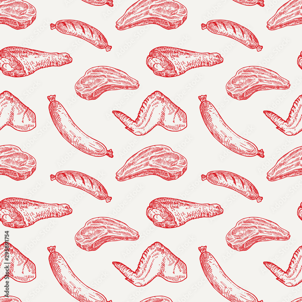 Meat Vector Seamless Background Pattern. Hand Drawn Steak, Sausages ...