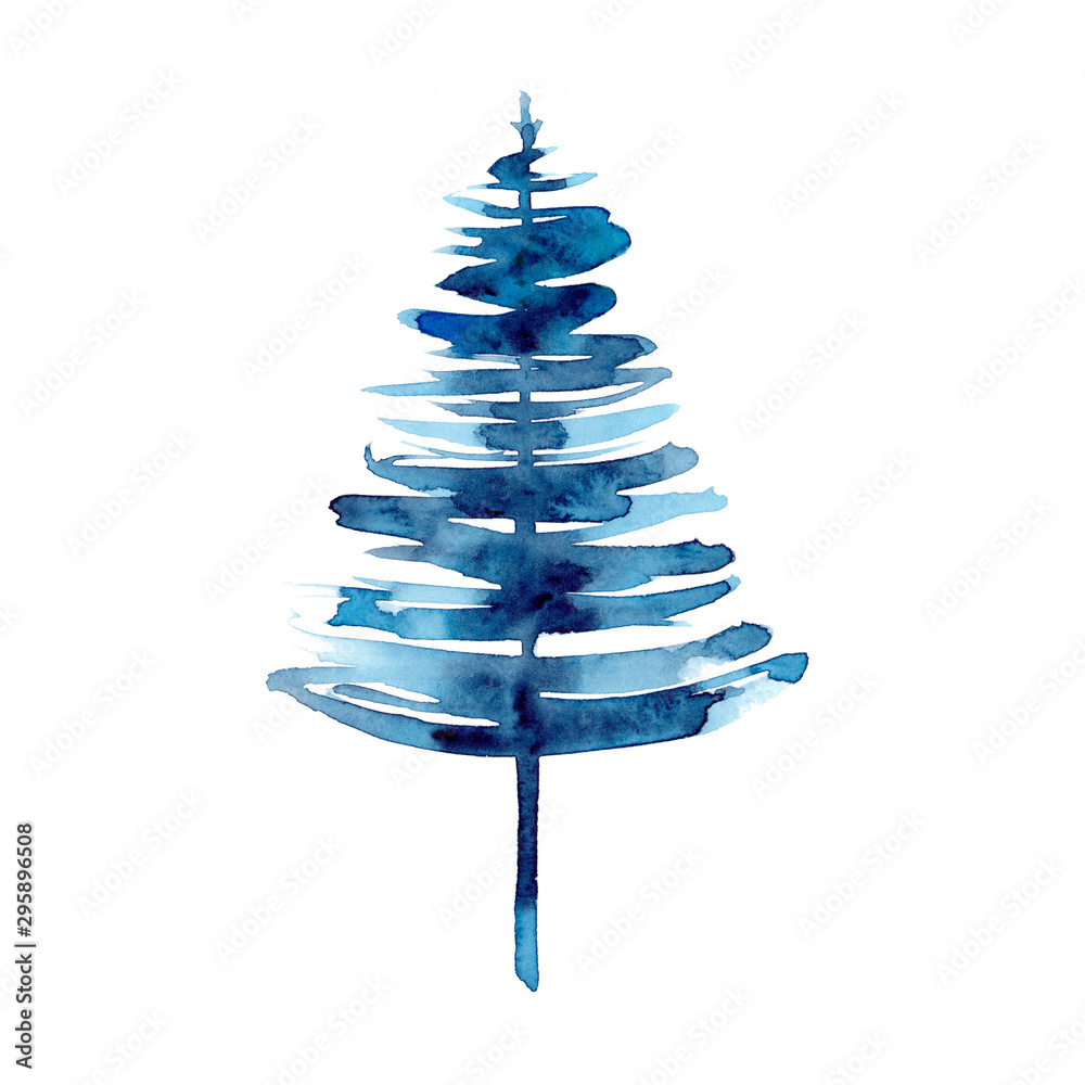 Watercolor winter blue christmas tree isolated on white background ...