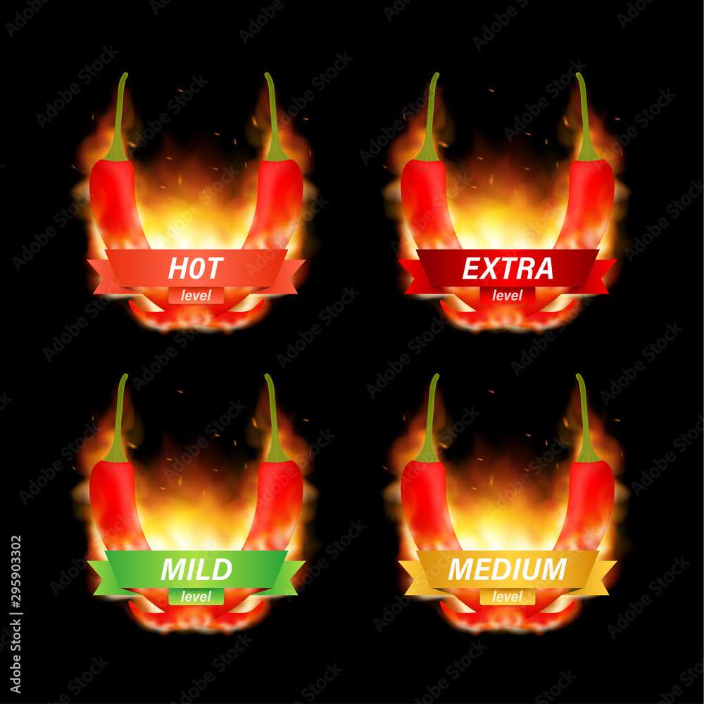 Hot red pepper strength scale indicator with mild, medium, hot and hell ...