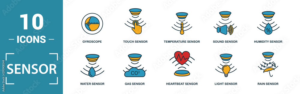 Sensor icon set. Include creative elements water quality sensor, smoke ...