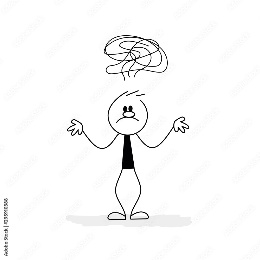 Doodle stick figure: Man or businessman thinking. Confusion. Hand drawn ...