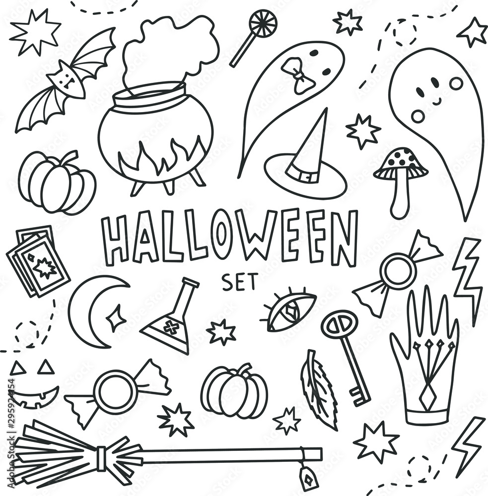 Halloween set doodle colourful illustration. Colouring page for kids ...