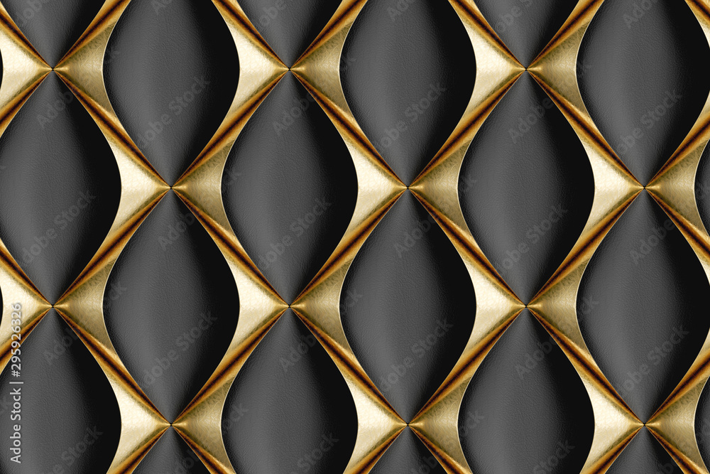 3D Wallpaper of panels made of black leather with gold decorative ...