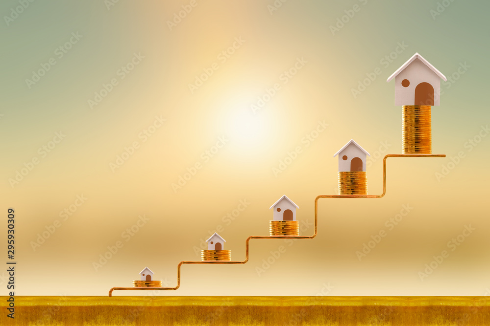 Stacking five gold coin with growing on golden steps and home as ...