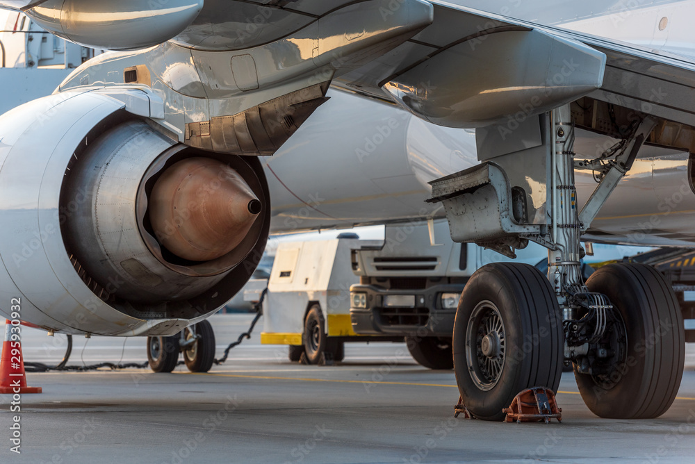 Landing gear of Aircraft and jet engine detail in the exposition ...