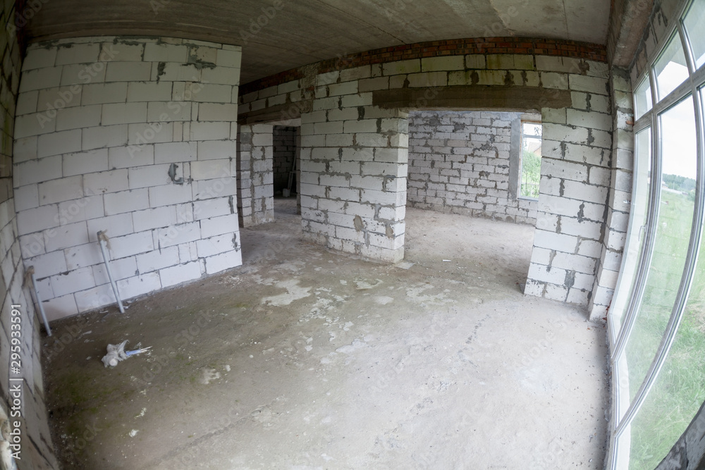 Unfinished interior from autoclaved lightweight concrete, naked walls ...