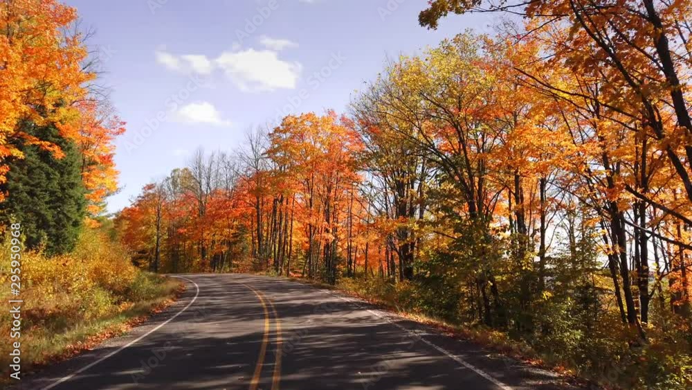 Sightseeing road trip, driving down sunny country road in Autumn ...