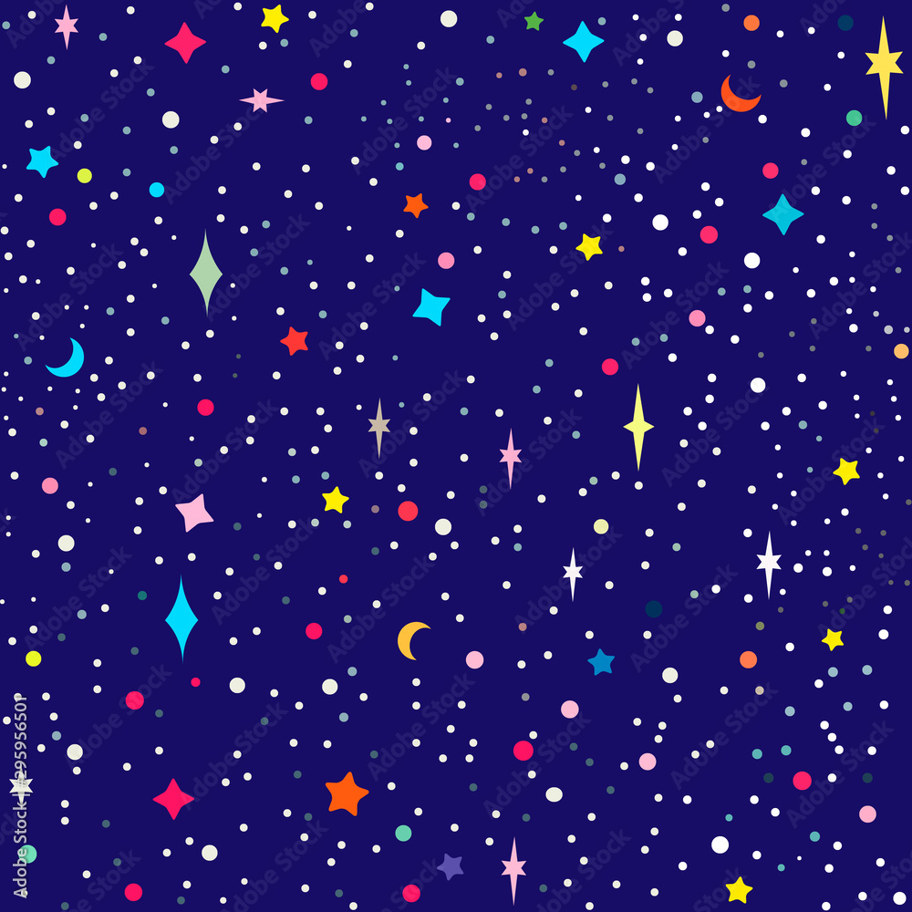 blue starry sky drawing vector seamless background. Space pattern with stars and moon. Cosmos ...