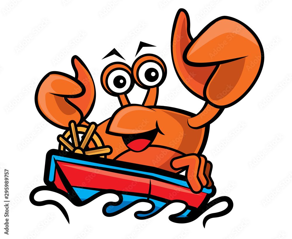 Cartoon character happy seafood crab driving the boat in the sea ...