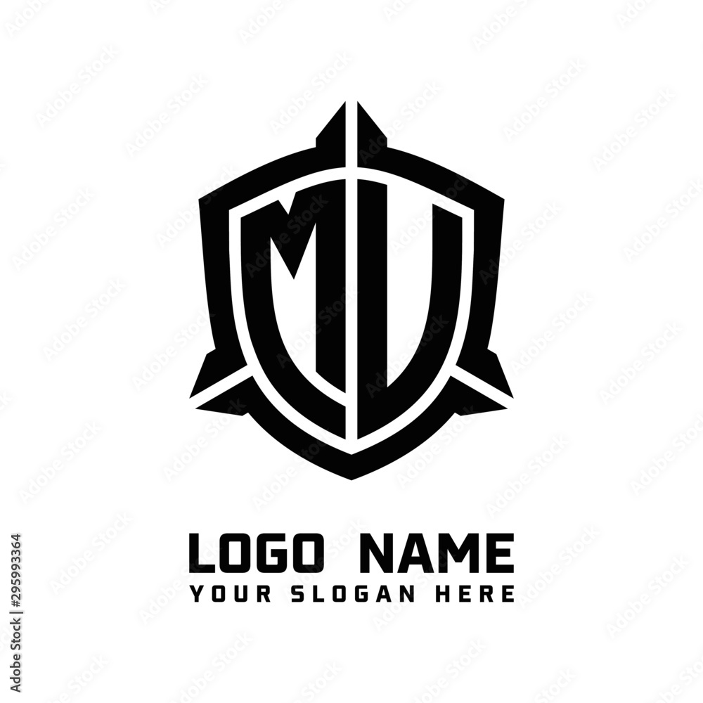 initial MU, MV letter with shield style logo template vector. shield ...