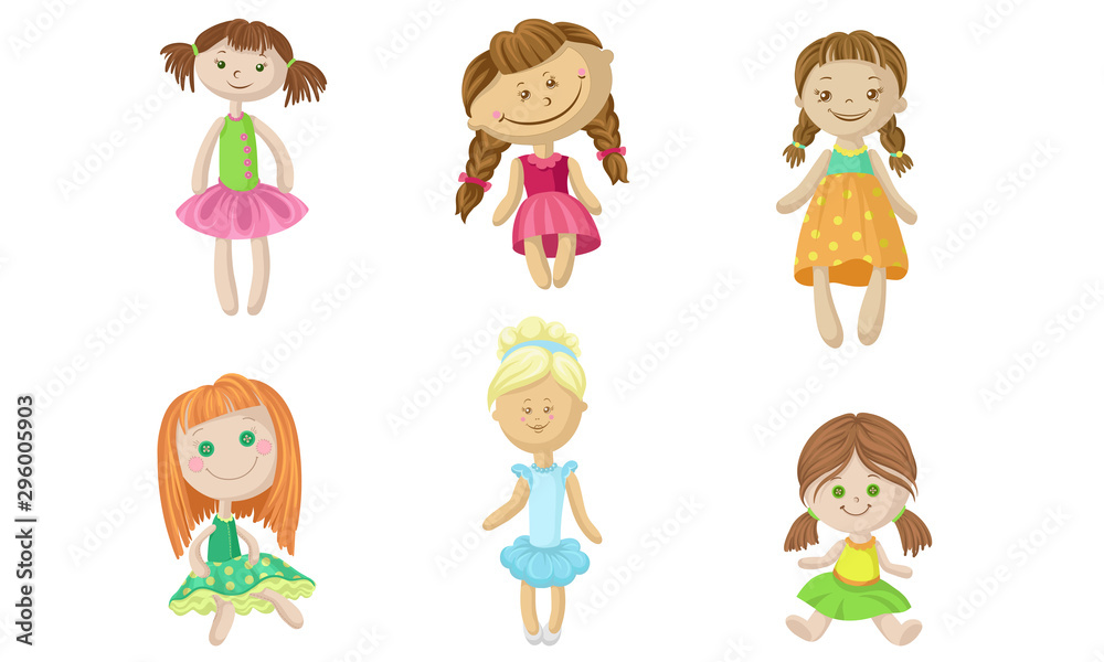 Set of fabric dolls in dresses. Vector illustration. Stock Vector ...