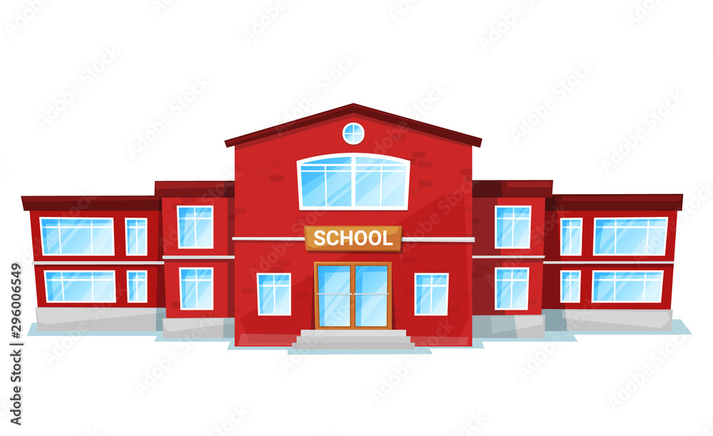 School in red color, educational architecture with big windows ...