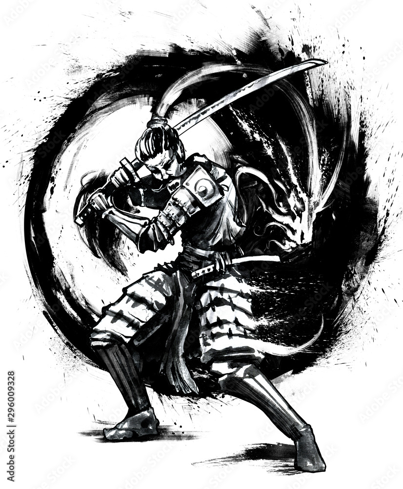 A formidable samurai in armor with a sword in his hands, and a dragon ...