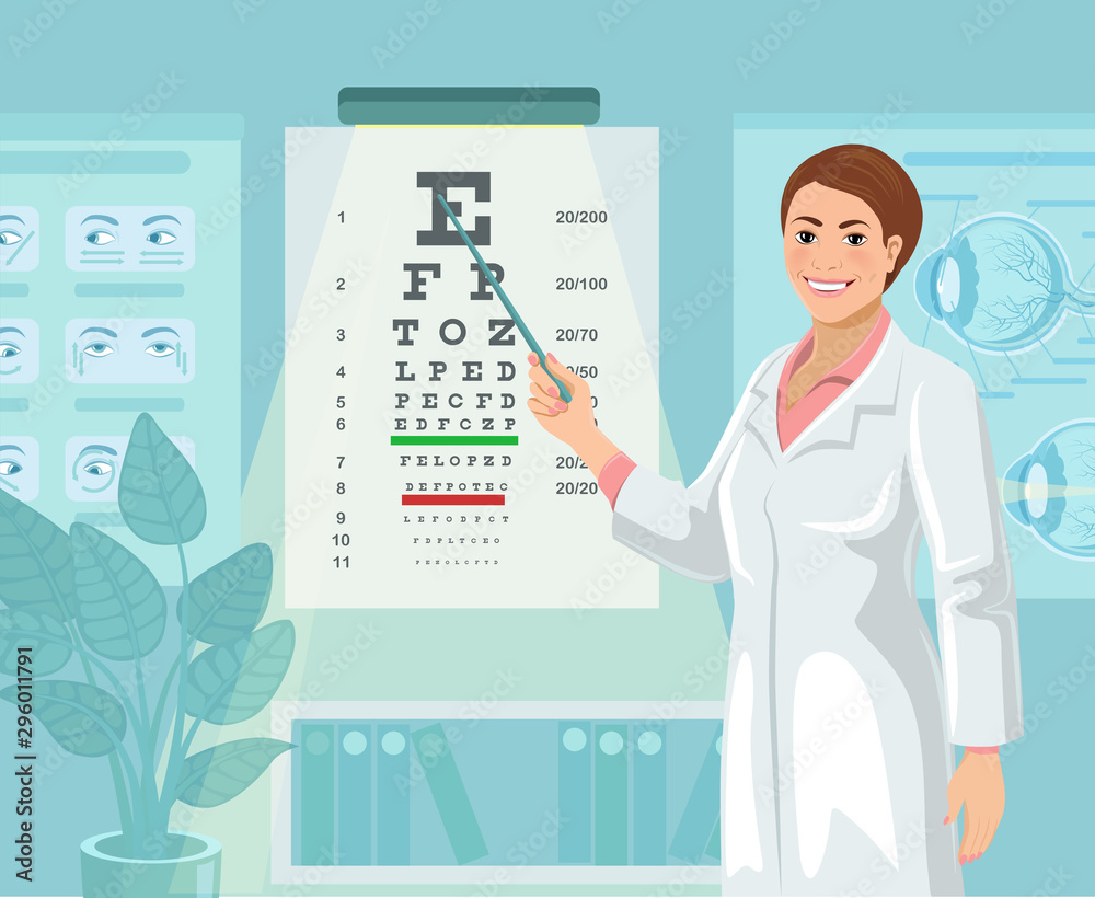 Young woman ophthalmologist conducts a visual acuity test. Oculist in ...