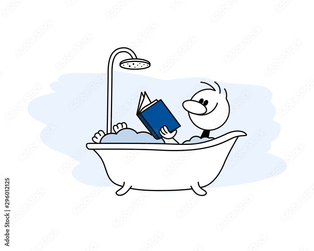Doodle stick figure: Man taking bubbled bath and reading a book. Hand ...